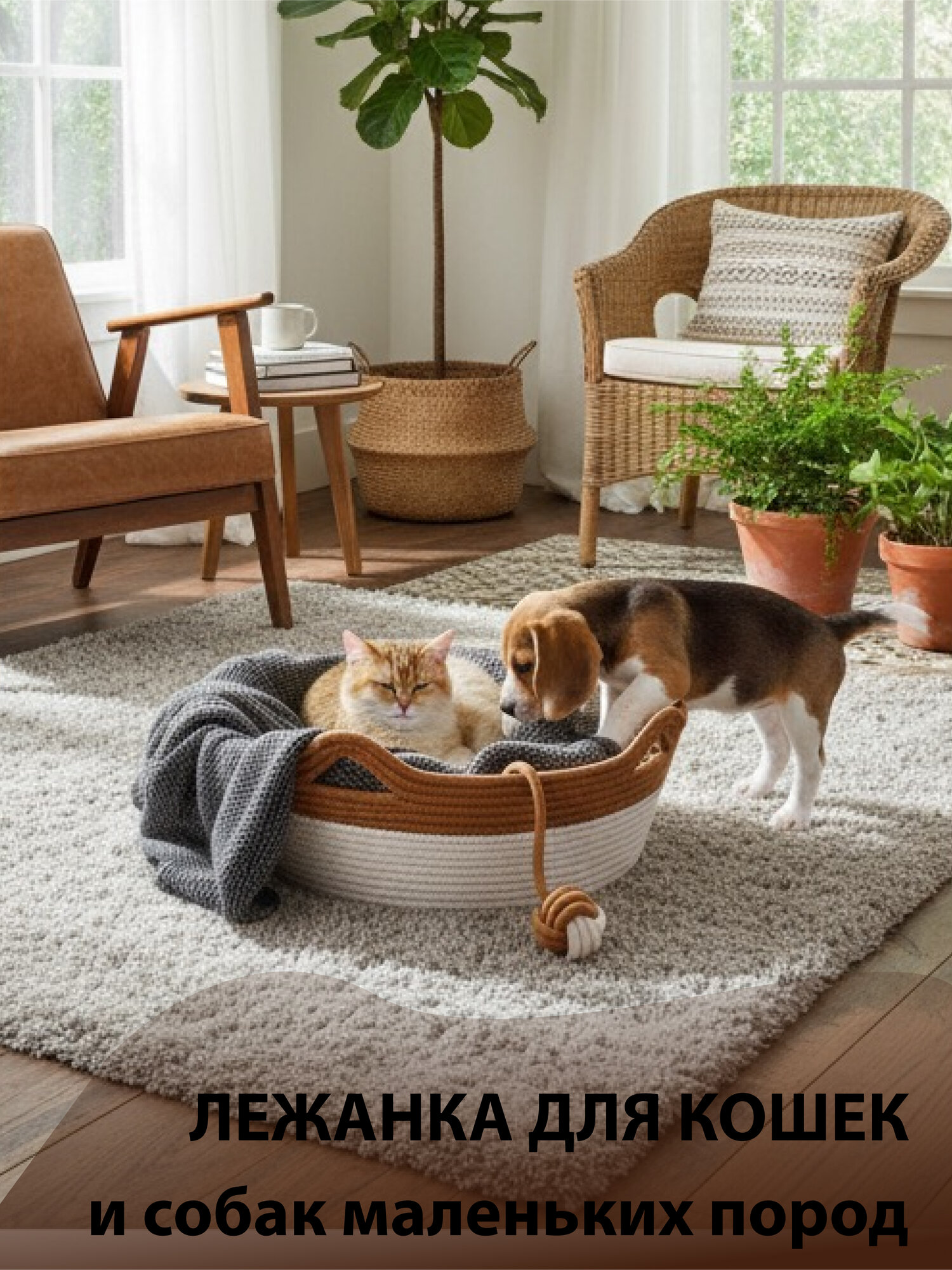 Лежанка для кошек и собак маленьких пород красивая плетеная коричневая бежевая / Лежак для больших кошек