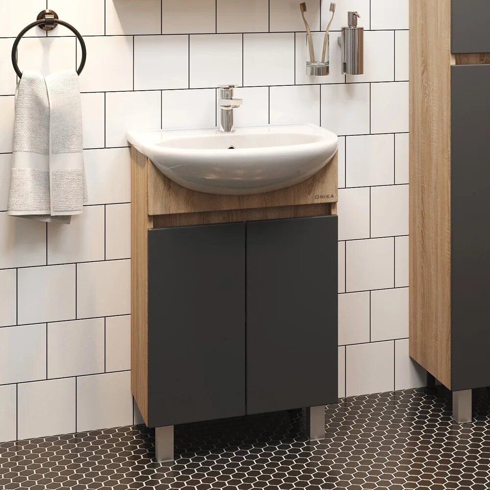 Тумба с раковиной Onika Милтон напольная, 51 см, серая, светлое дерево, матовая, из МДФ, с дверками, раковина для ванной фаянсовая, полукруглая, встроенный слив-перелив, лофт