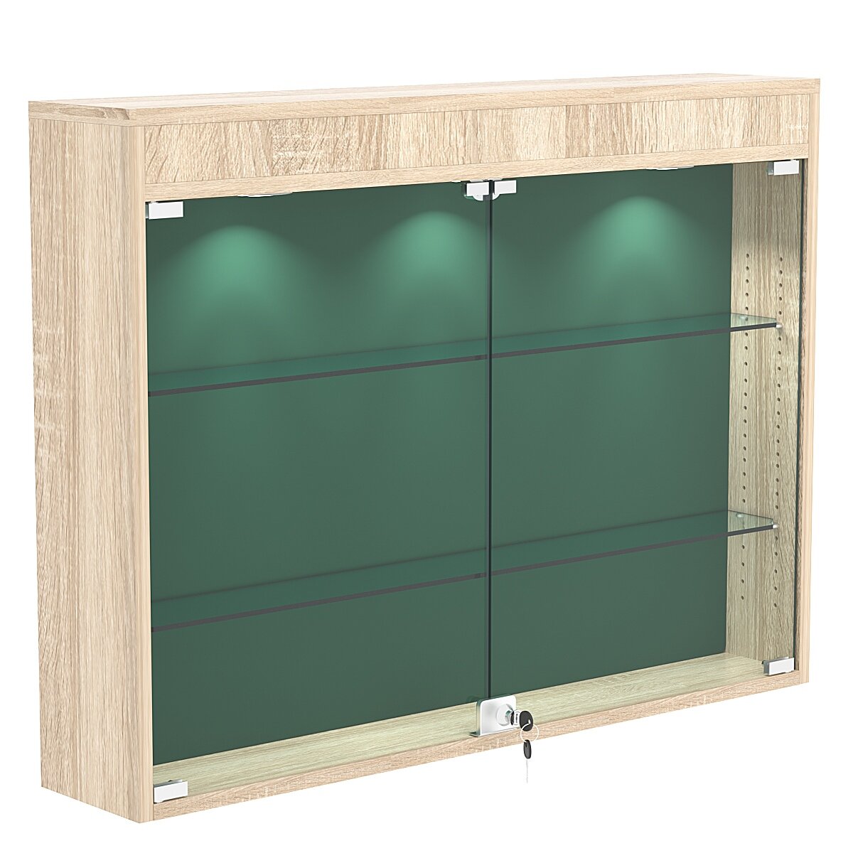 Настенная витрина с бархатом серии барон №3-3А (две полки), Дуб сонома + 10 Green
