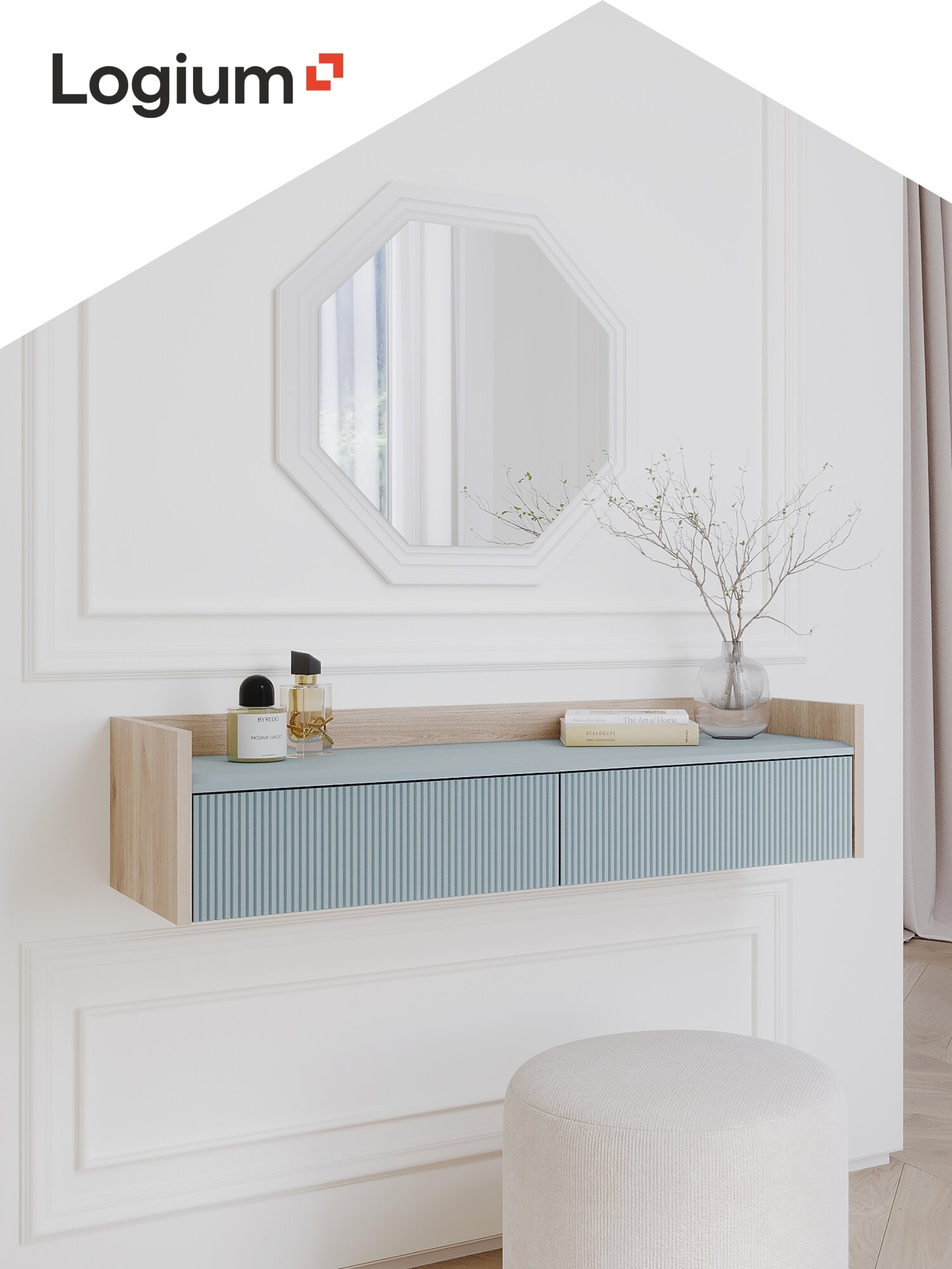 Столик туалетный подвесной бежевый/голубой, 96,6 х 30 х 21,5см, Наоми 12.115, Дуб Белый exclusive, Сумеречный голубой