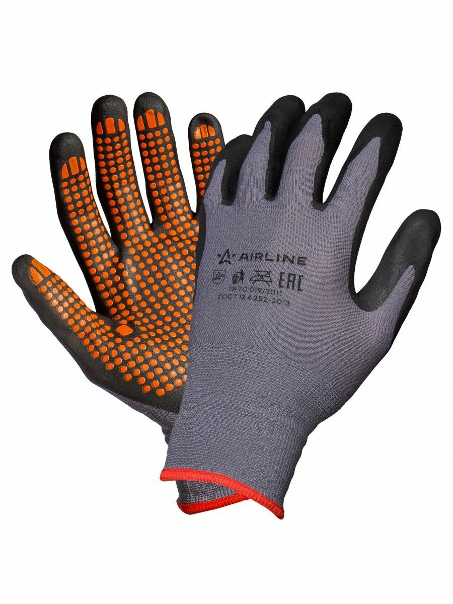 Перчатки нейлоновые Airline ADWG102, с нитриловым покрытием ладони (L), серый/черный/оранжевый