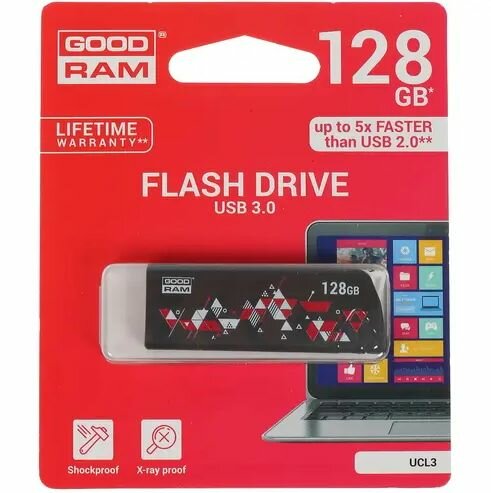 Память USB Flash 128 ГБ Goodram UCL3 (UCL3-1280K0R11) - USB 3.2 Gen1, до 60 Мбайт/сек, выдвижной (слайдер), пластик