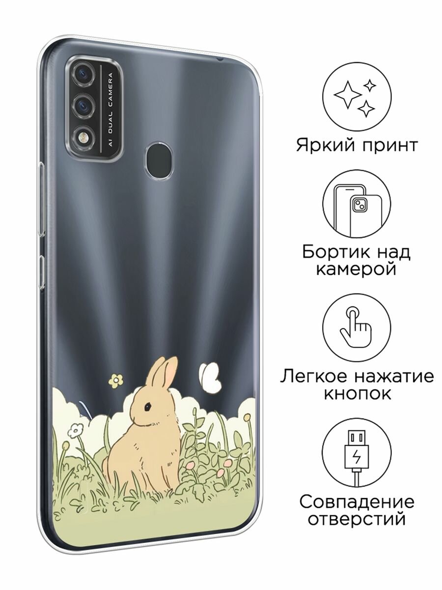Чехол на Itel A48 / Ител А48 с принтом "Кролик в поле", прозрачный — фото 1
