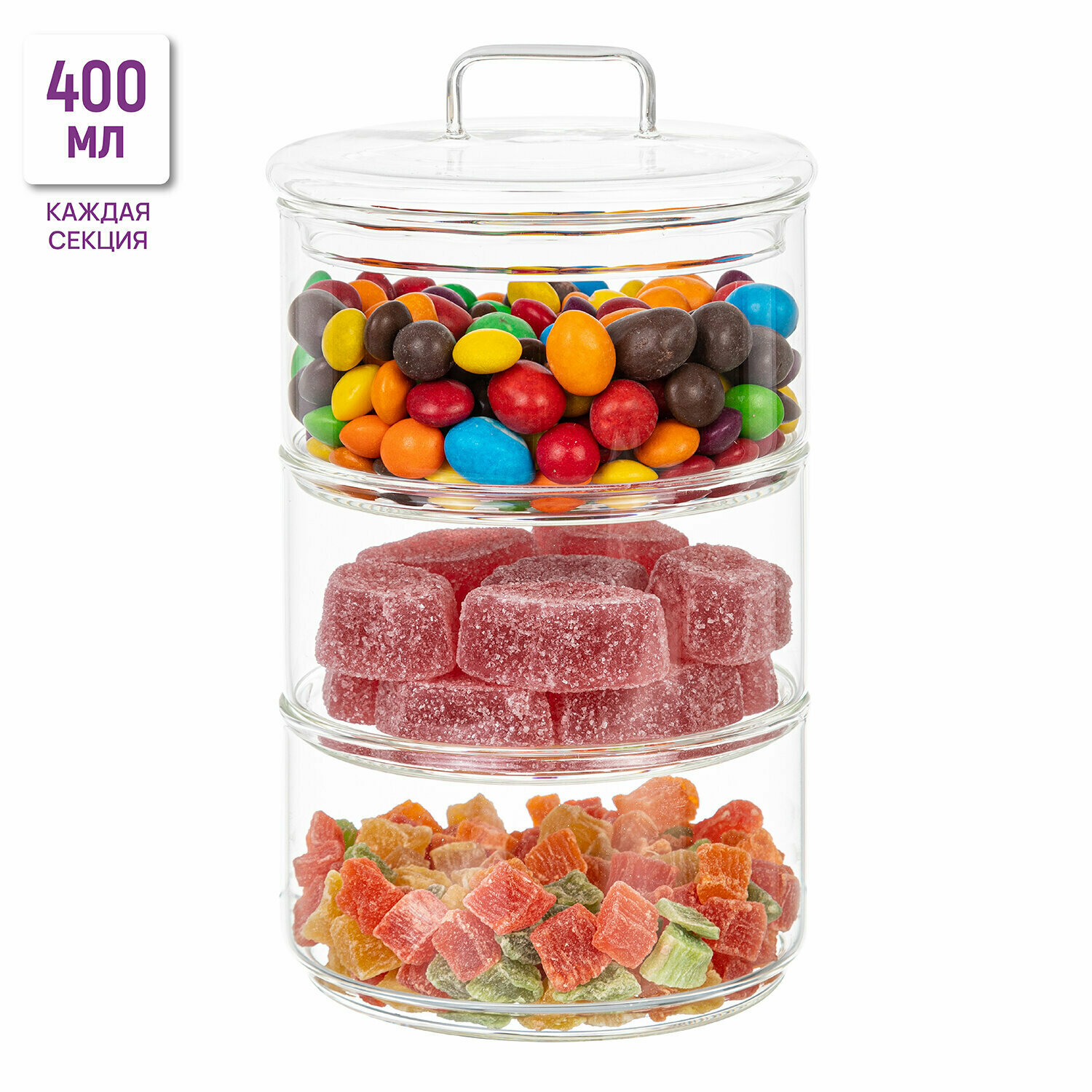 Банка для хранения сыпучих продуктов, соли, специй, чая 3-х секционная 400мл Elan Gallery Crystal glass + крышка, стекло