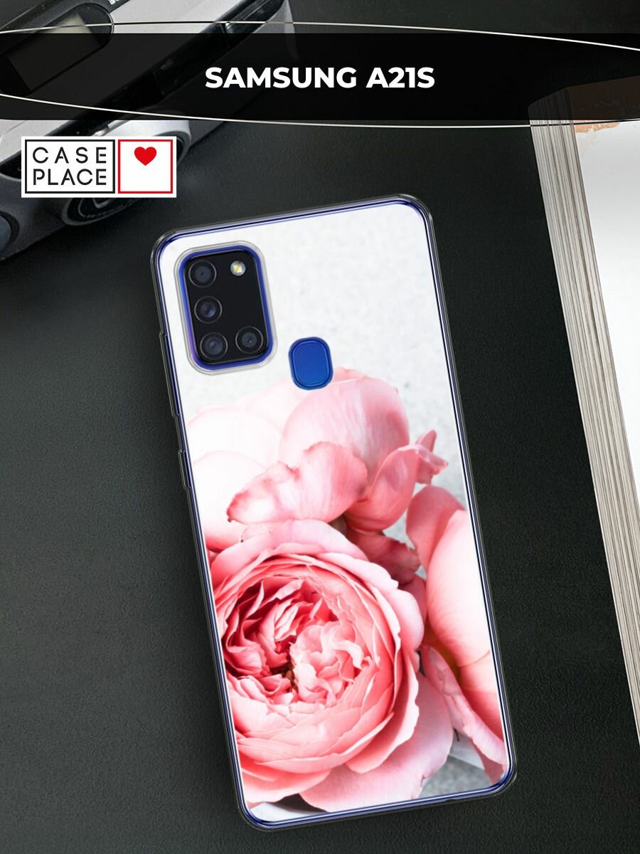 Чехол на Samsung Galaxy A21s / Самсунг Галакси A21s с принтом "Пионы на белом"