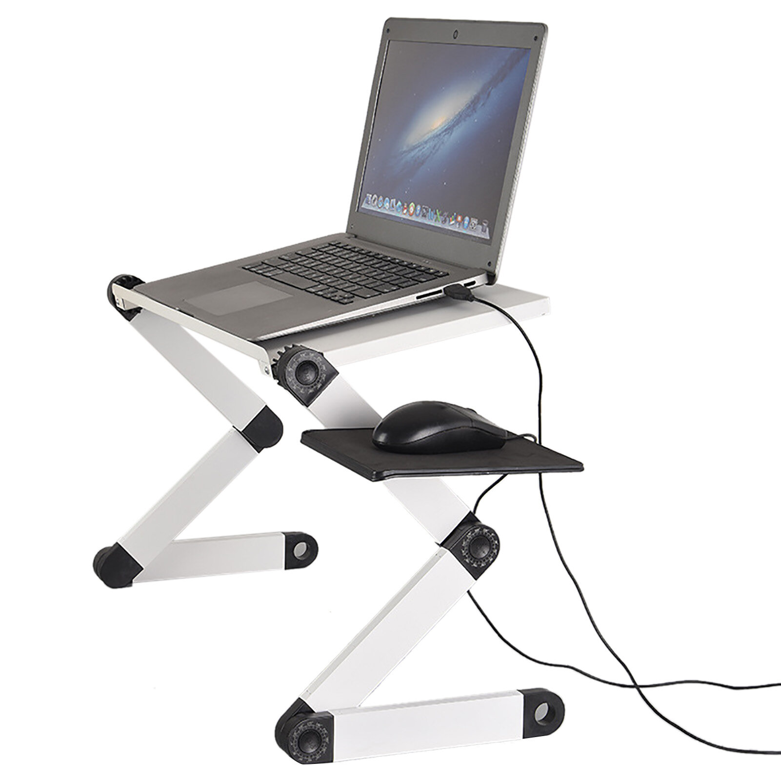 Подставка для ноутбука Эргономичная регулируемая складная подставка для ноутбука для домашнего офиса в путешествиях Подставка для ноутбука с 3 складными ножками, 48 см/18,9 дюйма, белого цвета с вентилятором и ковриком для мыши