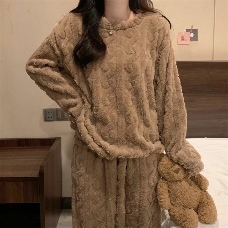 Пижама из кораллового флиса для женщин, осенне-зимняя, для студенческого общежития, утолщенный флис, можно носить на улицу, теплый зимний костюм, weight,60-70kg