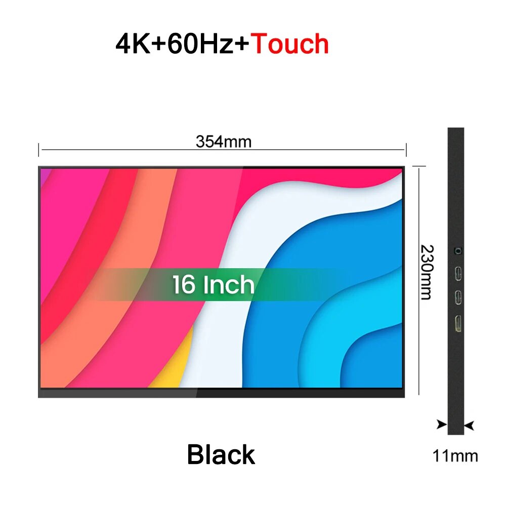 REALZA 16-дюймовый 4K сенсорный монитор для игр 16 4K Black Touch, Европейская вилка (EU Plug)