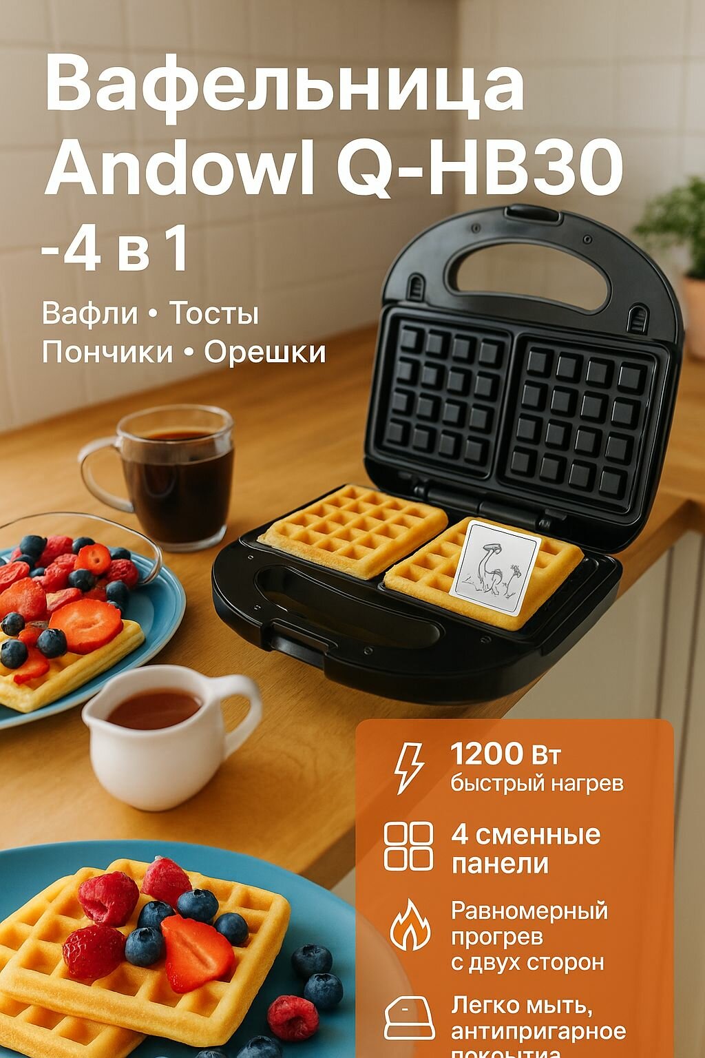 Вафельница Andowl 1200 Вт, бельгийские вафли, гриль, сэндвичи, антипригарное покрытие, сменные панели