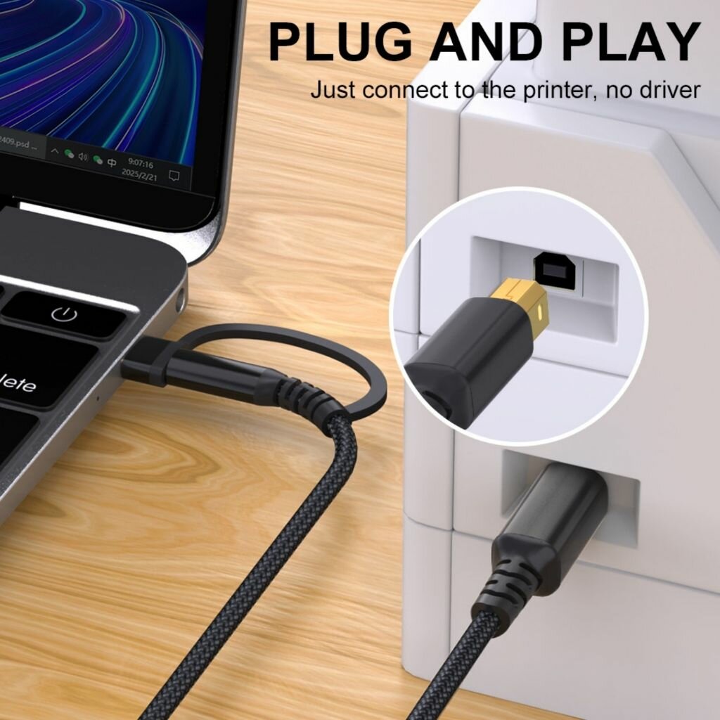 Кабель для передачи данных USB к принтеру typec 2-в-1-2 м-серый