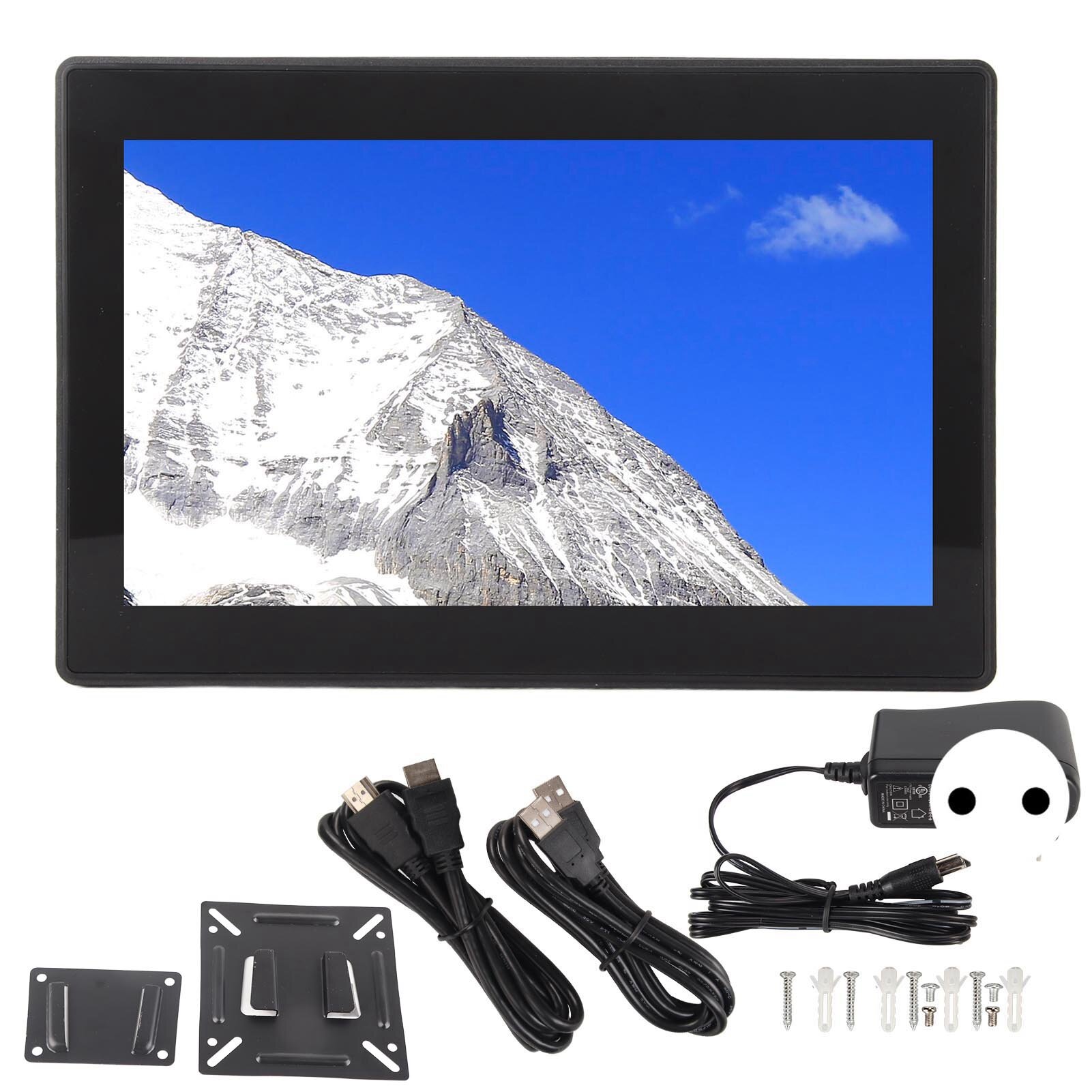 8-дюймовый сенсорный монитор с широкоформатным экраном 16:9, настенным креплением, разрешением 1280x720, защитой от влаги, IPS-матрицей, питанием 100‑240В и европейской вилкой.