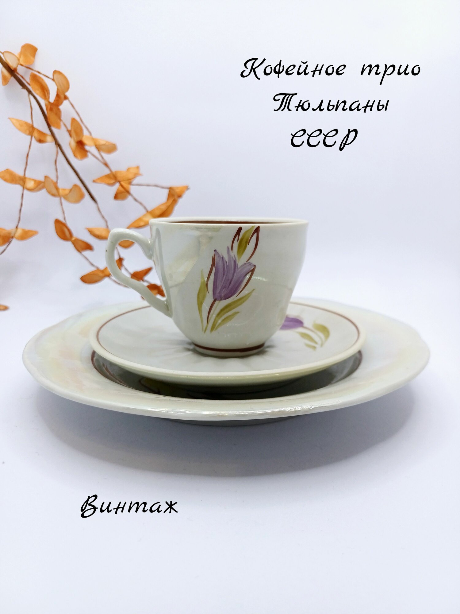Кофейное трио с ручной росписью Тюльпаны винтажное, фарфор, перламутр, Барановский фарфоровый завод СССР
