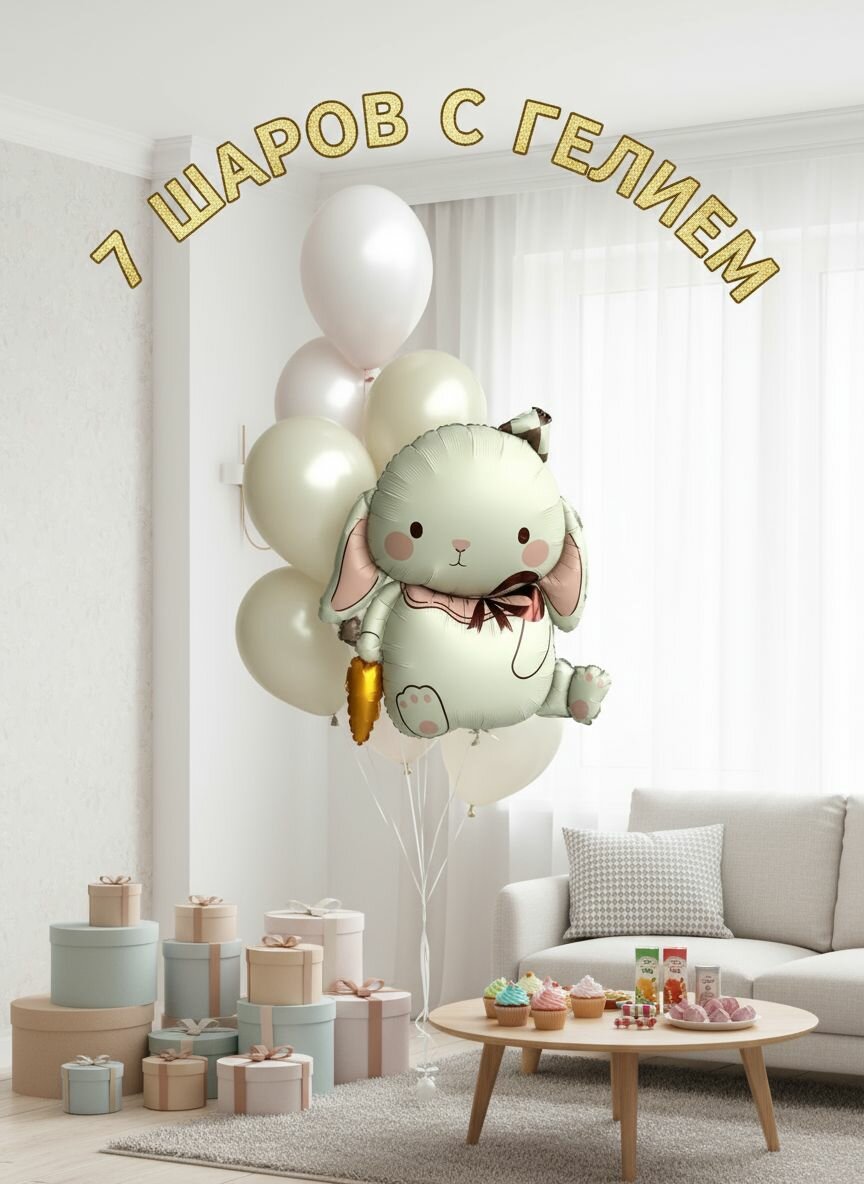 Фольгированные воздушные шары с гелием надутые в фонтан из латексных шаров "Маленький зайчик", 7 шт