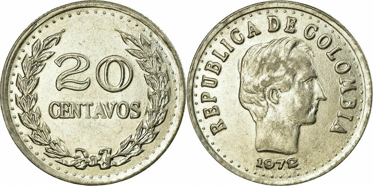 Колумбия 20 сентаво, 1971 - 1979 Франсиско де Паула Сантандер XF