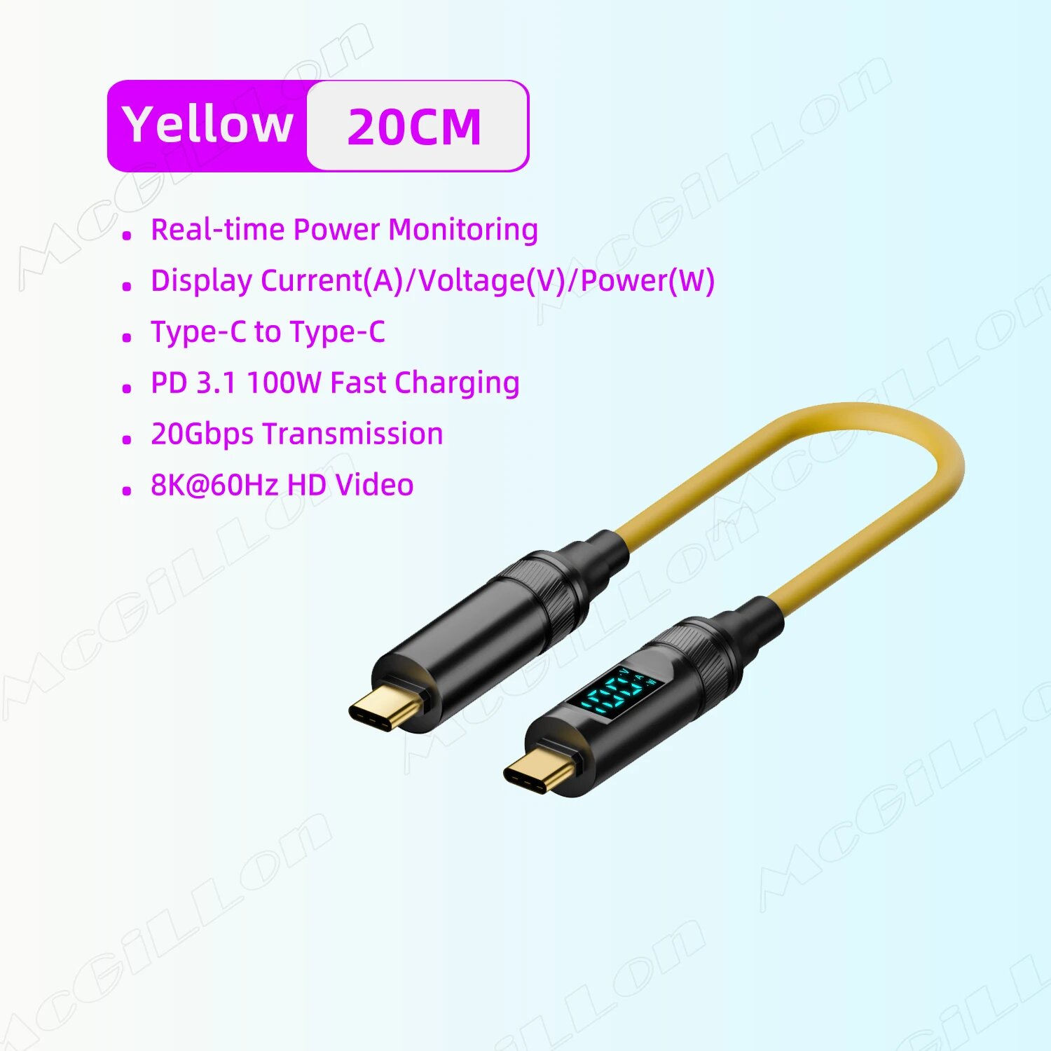 Светодиодный дисплей USB3.2 10 Гбит/с USB C — USB-C ThunderBolt 3 Кабель 100 Вт 5A Тип-C Шнур для iPhone 15 MacBook Pro Samsung Xiaomi Huawei 20CM Yellow