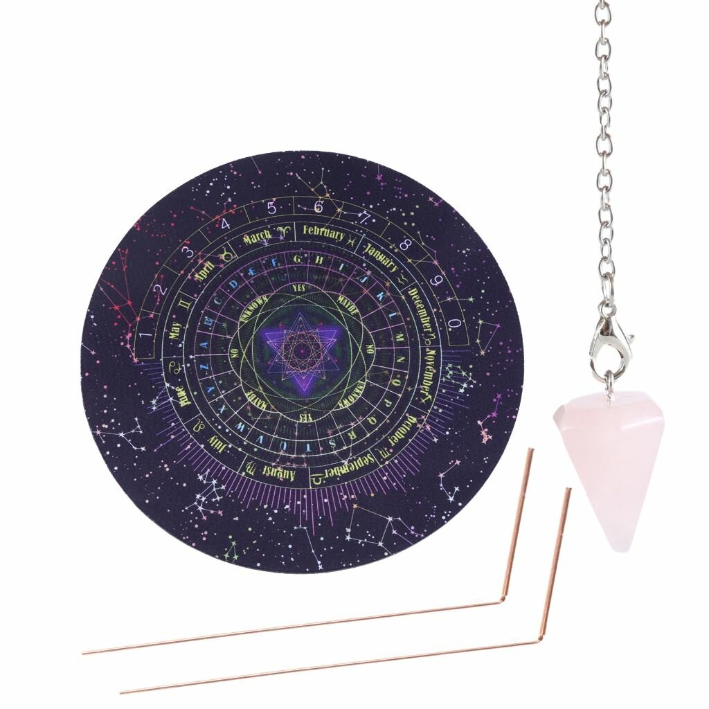 Набор металлических лозоходных стержней, колдовской маятник, коврик для гадания, викканский алтарь, палочка