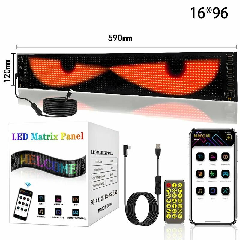 Светодиодный динамический светильник Devil Eyes, гибкий дисплей, программируемая пиксельная панель, управление через приложение, пульт дистанционного управления для седана, внедорожника, оконный экран автомобиля 16x96LED 12x59cm