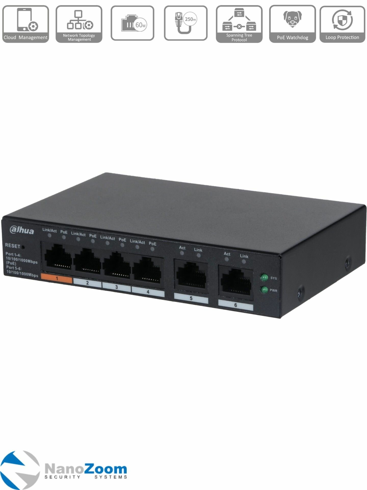 Dahua DH-CS4006-4GT-60 6-портовый управляемый коммутатор с 4 РоЕ до 60Вт