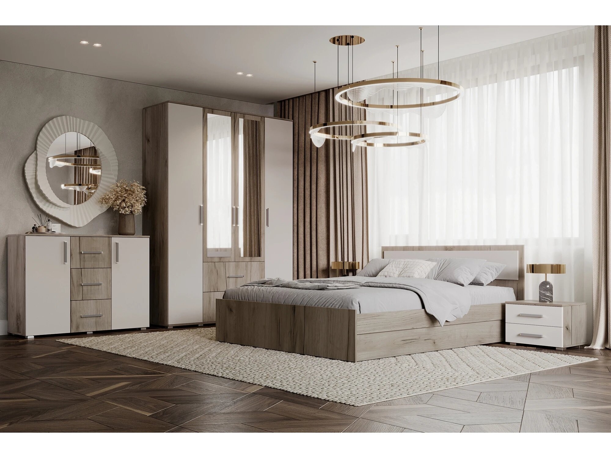 Модульная спальня, лаконичный дизайн, Дуб крафт серый/Кашемир