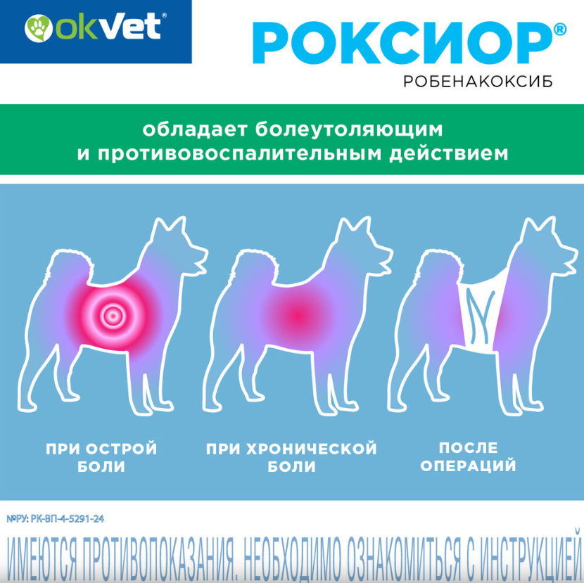 Противовоспалительный и болеутоляющий препарат для собак Роксиор OKVET 10 мг, 10 таблеток — фото 1