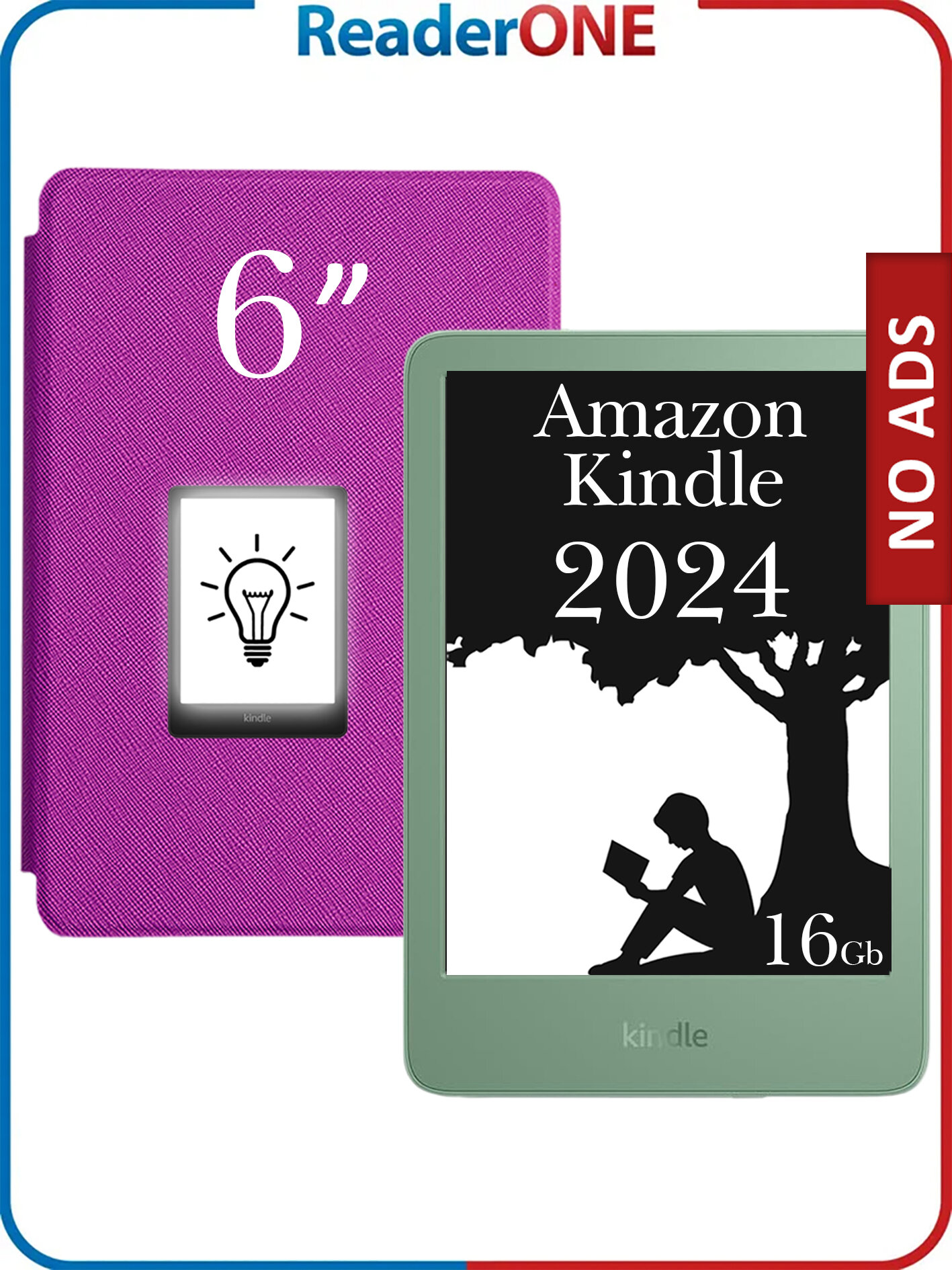 Электронная книга Amazon Kindle 11, 6 дюймов, 2024, 16 Гб, без рекламы, зеленая (Matcha), с обложкой ReaderONE Purple