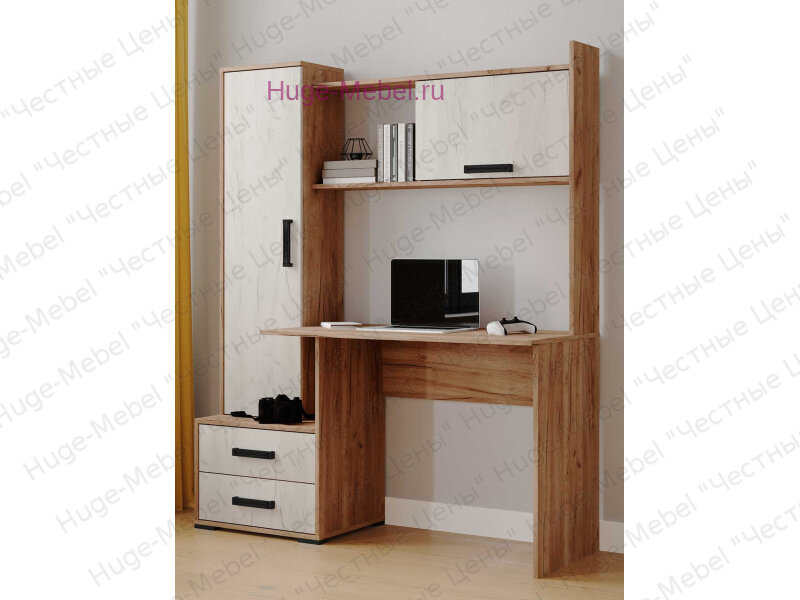 Стол компьютерный "Квартет-9" крафт белый/крафт табачный Huge Mebel . Ширина 1400 Высота 1716. Столы компьютерные