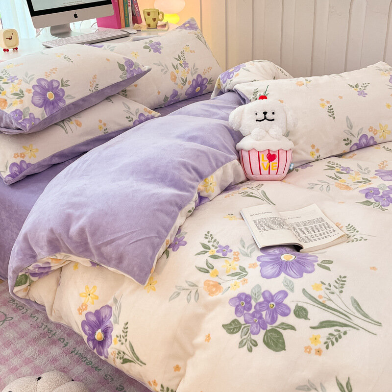 Свежий и элегантный комплект постельного белья из молочного флиса из четырех частей, зимний фланелевый пододеяльник из утолщенного молочного флиса, простыня, постельное белье для общежития,180*200cm