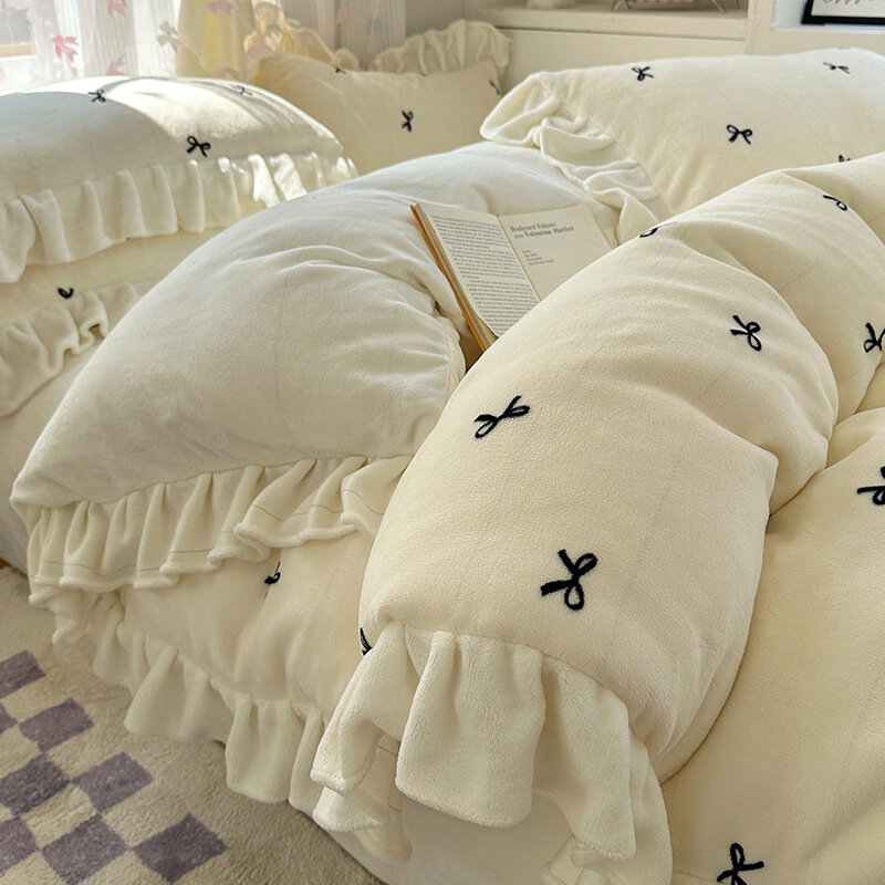 Комплект постельного белья из молочного флиса во французском стиле из четырех предметов, пододеяльник из кружевного флиса кораллового цвета класса А, зимнее утепленное постельное белье, простыня на флисовой подкладке,150*200cm