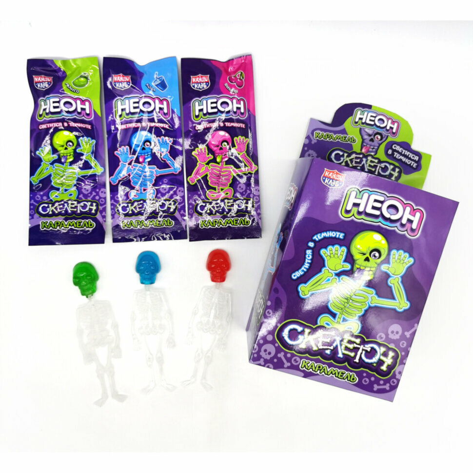 Карамель на неоновой палочке "Неон Скелетон", 10 г, канди клаб, CAR193-1, 60 штук, 624367