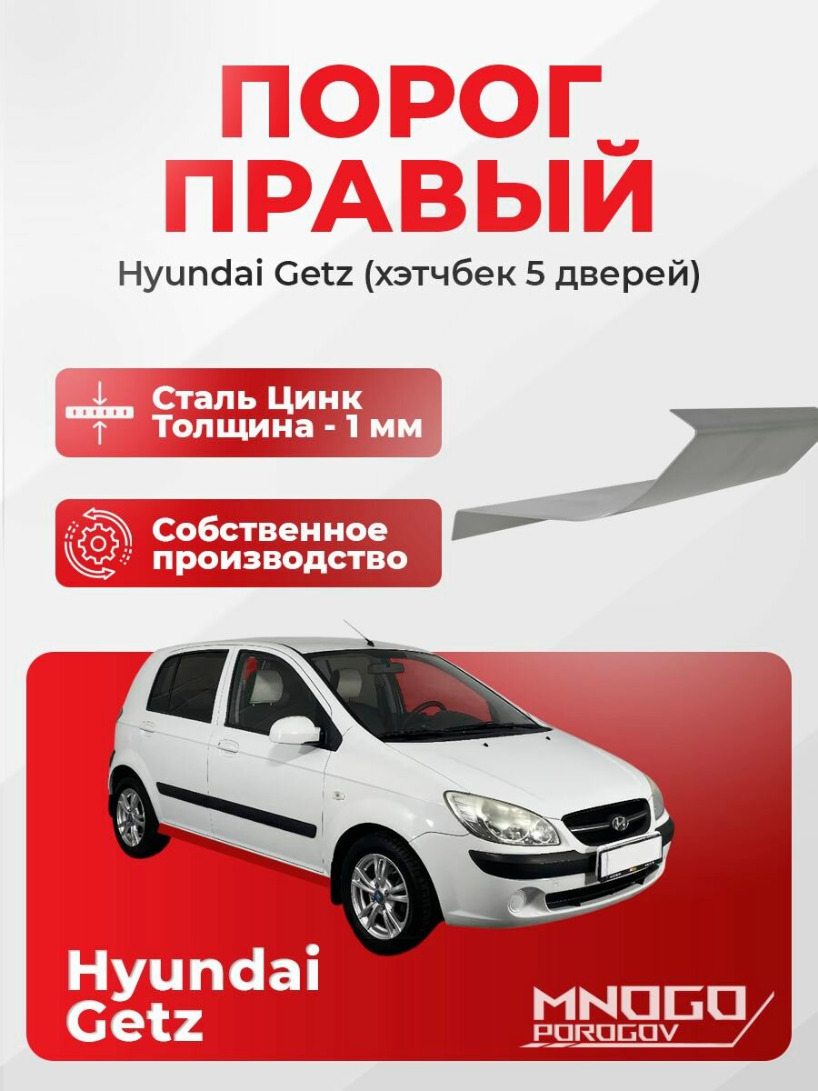 Правый порог на Hyundai Getz 2002-2011 хетчбэк 5 дверей, оцинкованная сталь, толщина 1 мм (Гетц 1), правая сторона, кузовной ремонт.