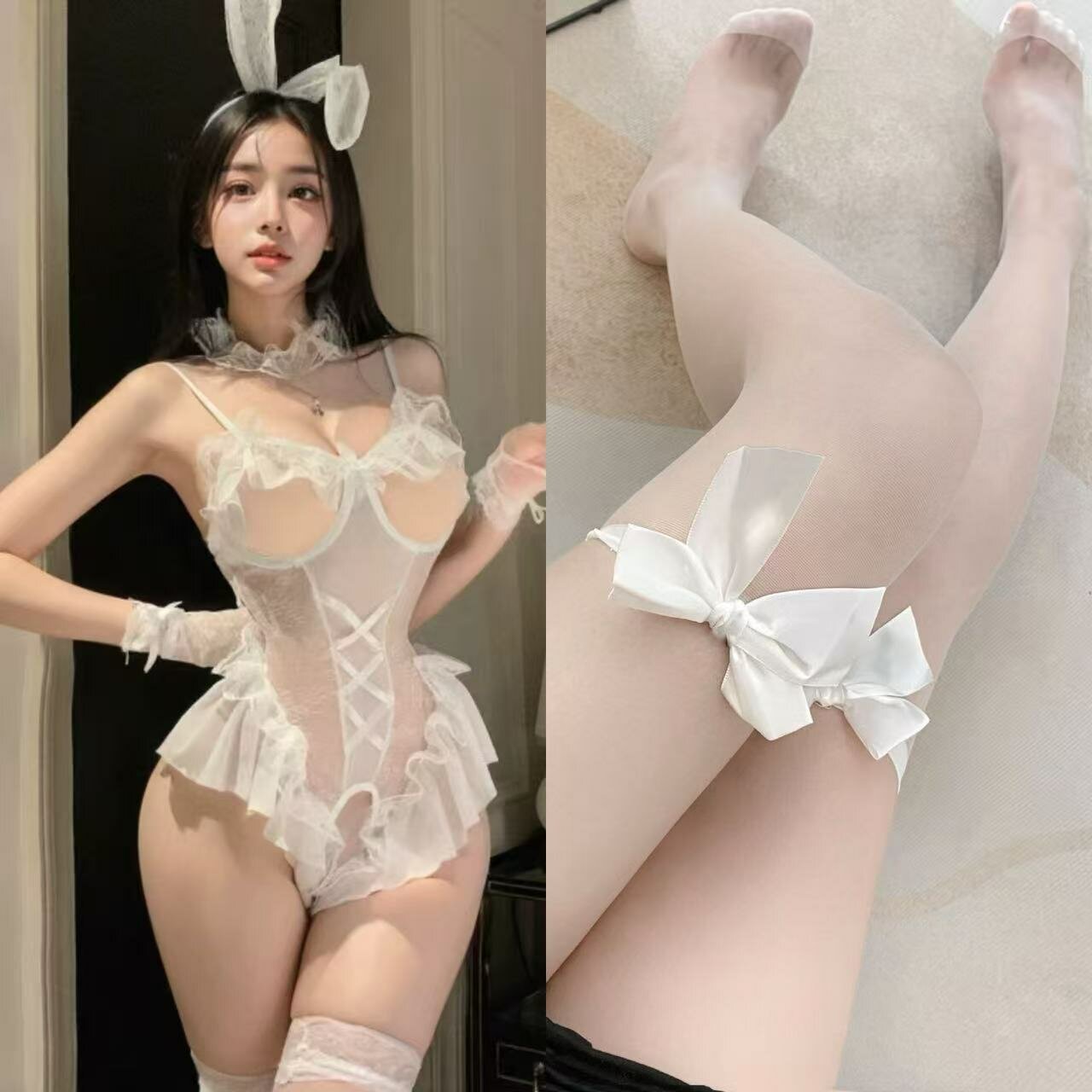 Сексуальный, игривый и милый комплект униформы для косплея в виде девушки-зайчика, прозрачные подтяжки на косточках, откровенное боди