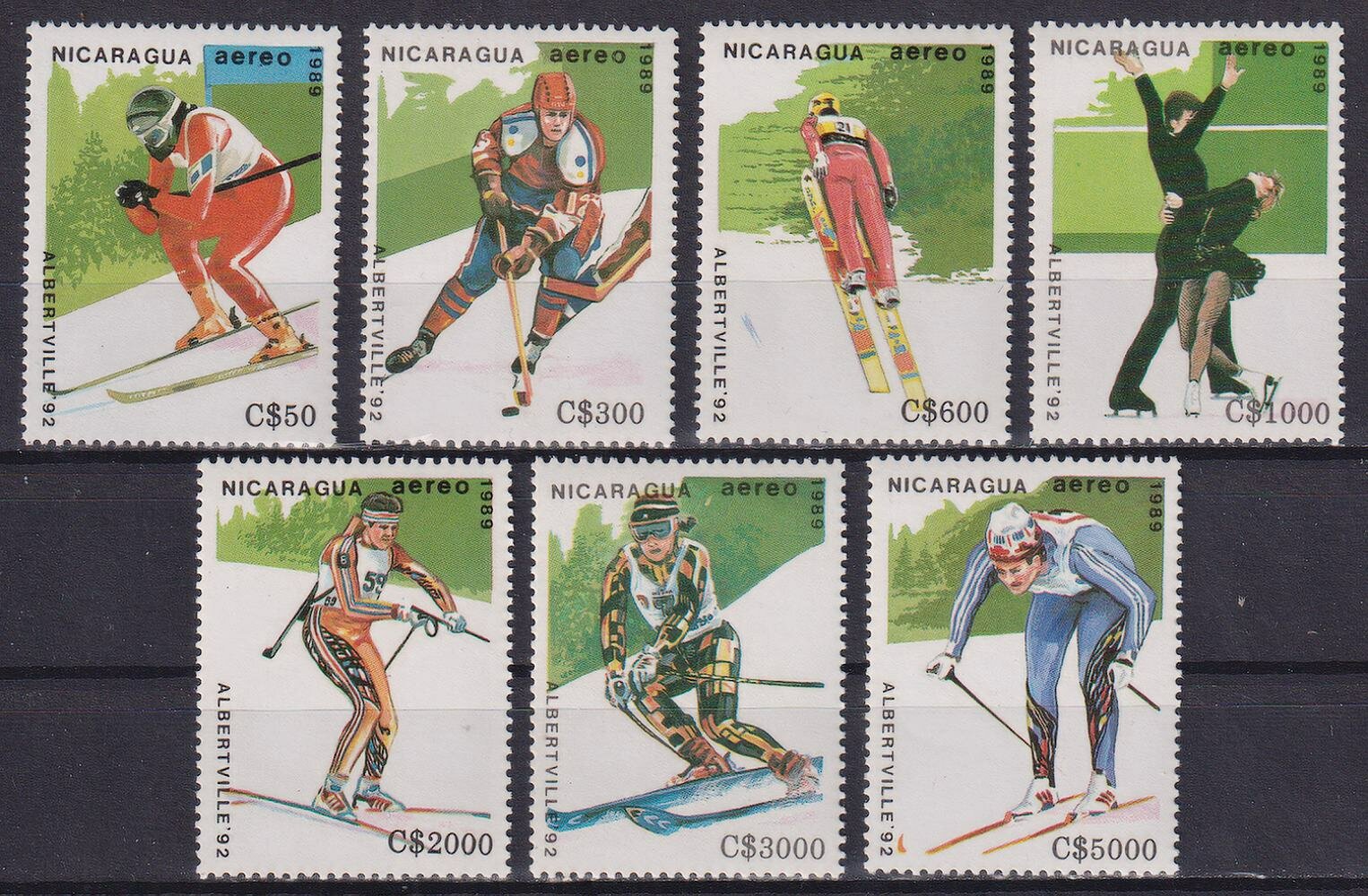 Почтовые марки Никарагуа 1989г. "Зимние Олимпийские игры - Альбервиль, Франция, 1992" Олимпийские игры, Лыжники MNH