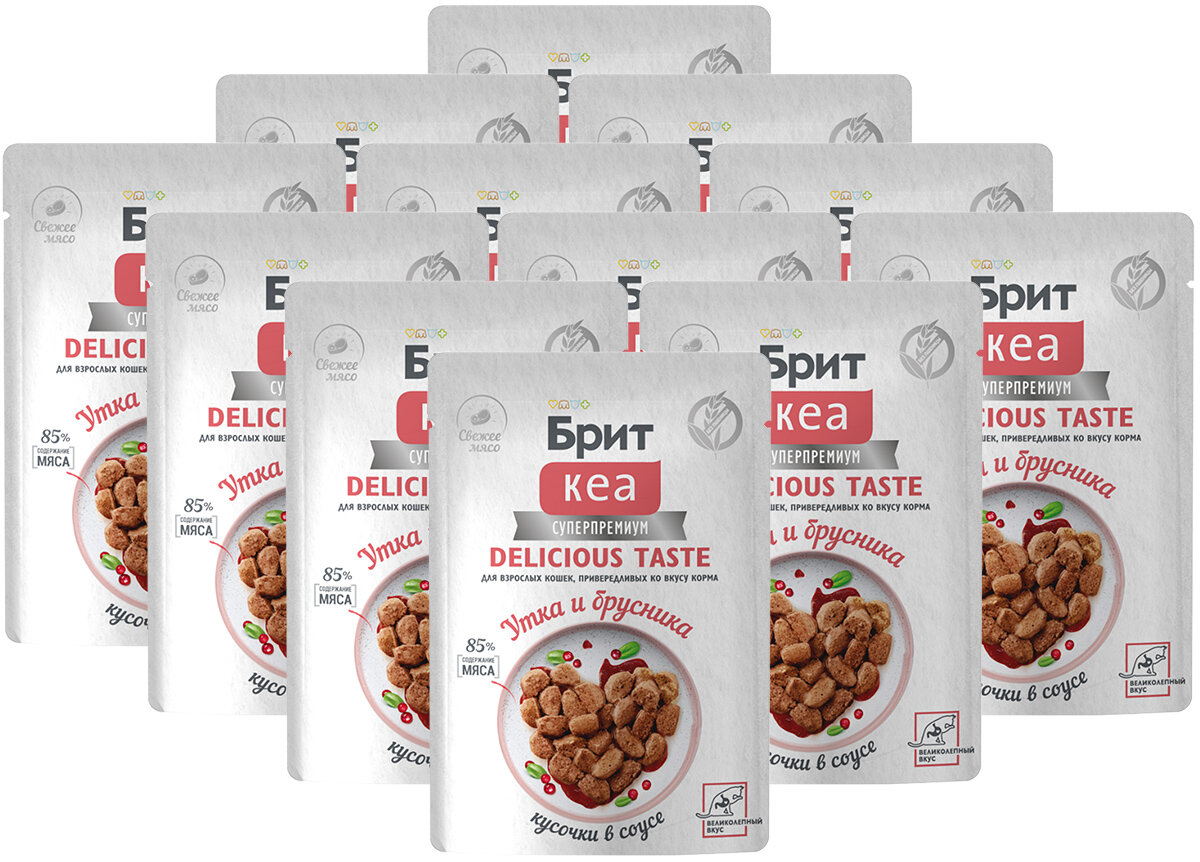 Корм влажный Brit Care для взрослых кошек с уткой и брусникой пауч кусочки в соусе, 85 г х 12 шт