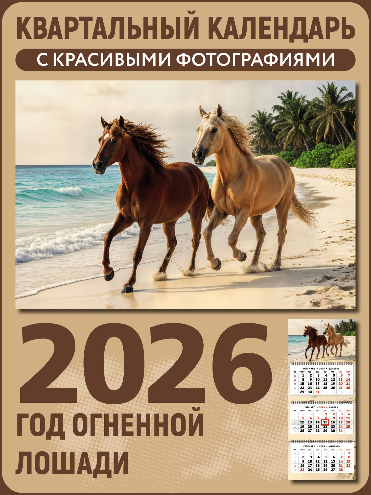 Календарь настенный трехблочный на 2026 "Лошади" с бегунком