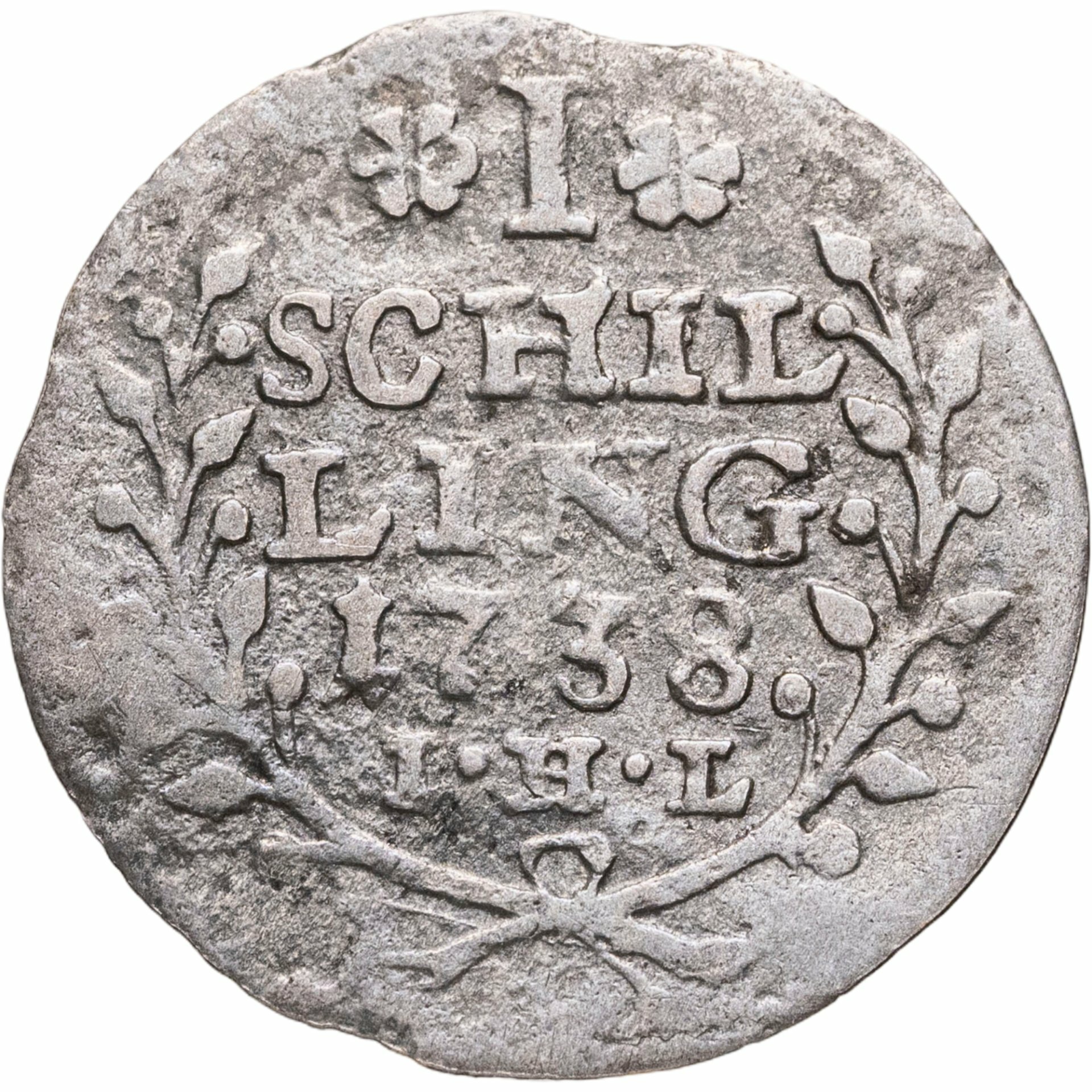 Гамбург 1 шиллинг 1738, Серебро 500, в сохранности F-VF