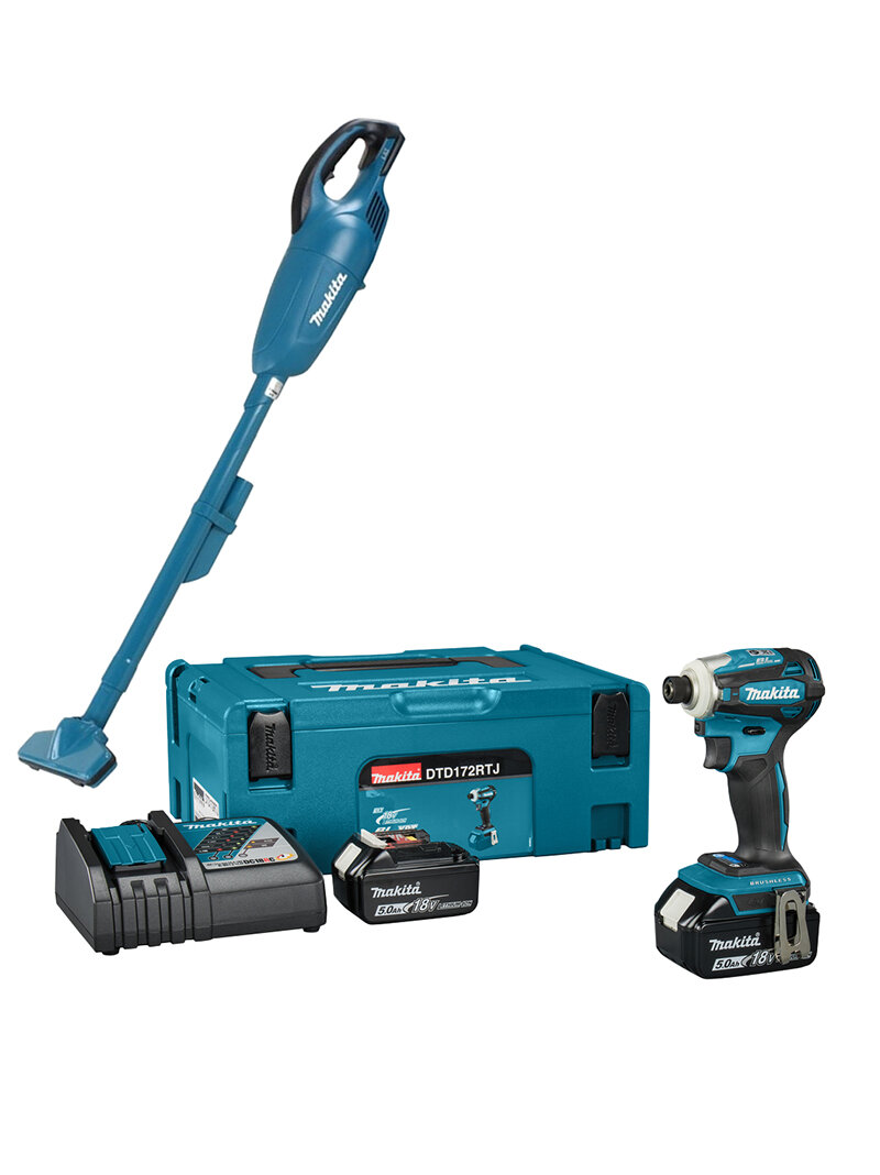 Набор Makita винтоверт DTD 172 RTJ + пылесос DCL180Z, 18 В, 2 акб*5Ач