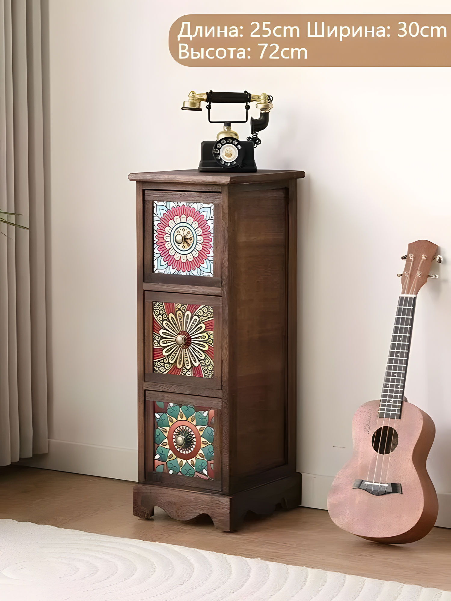 Комод, 3 ящ，Изготовлен из массива дерева в стиле ретро ，Износостойкий, устойчивый к коррозии 25х30x72 см