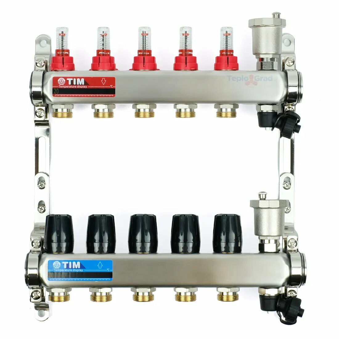 Коллектор для теплого пола TIM на 7 выходов с расходомерами из нержавеющей стали 1" - 3/4" евроконус KCS5007