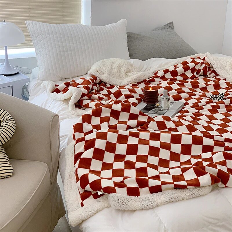 Ретро клетчатый флисовый плед Белый, 150X200cm, red