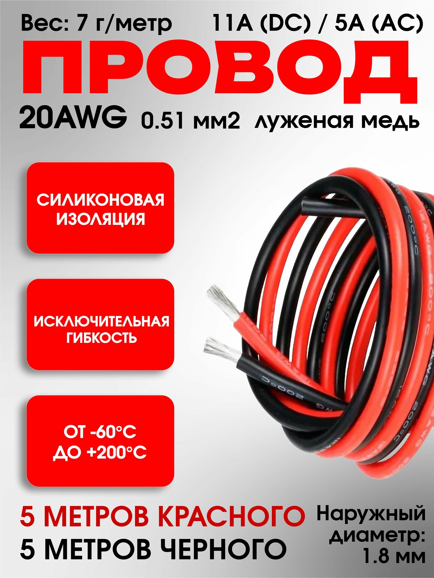 Провод 20AWG (0.51 мм2) в силиконовой изоляции. Луженая медь. 5 метров - черный. 5 метров - красный.
