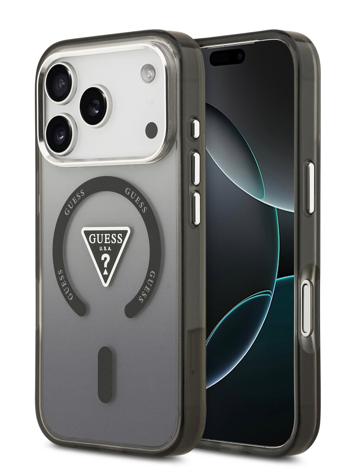 Чехол Guess на iPhone 17 Pro Max, с магнитами MagSafe, с принтом IML Design, с бортиком вокруг камеры, черный