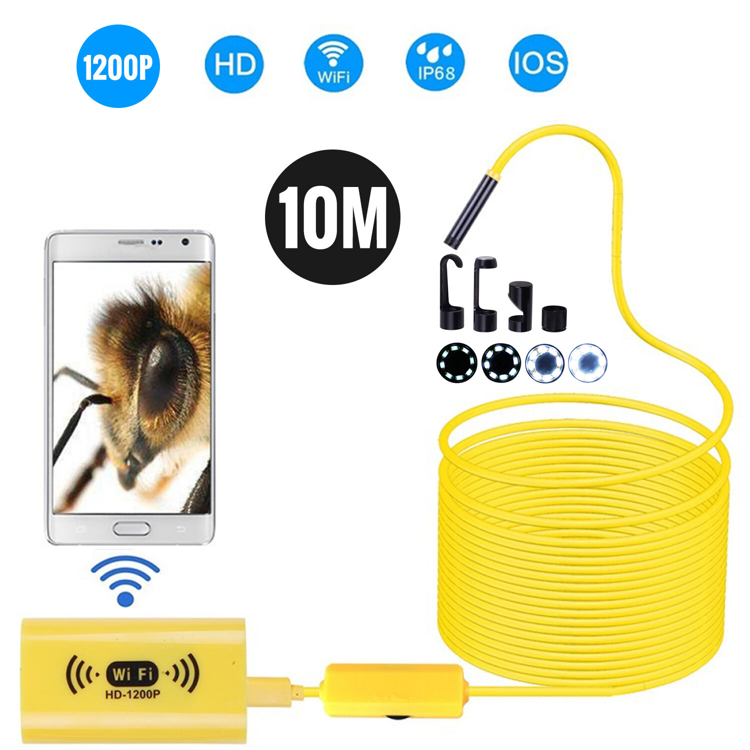 Вайфай-эндоскоп камера 8мм IP68 водонепроницаемый 2.0MP HD 8 светодиодов полужесткий кабель 10М желтый для iPhone iPad Android ПК