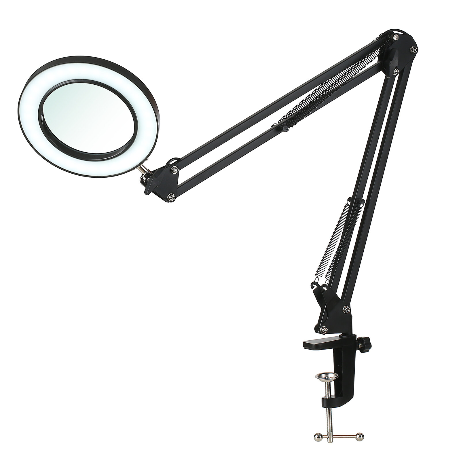 Столбик светодиодный с клеем и подвесным плечом, 8x лупа, 3 цвета, 10 уровней яркости, USB DC5V/2A, 12W, 64 светодиода, 1200 лм, 6500K холодный белый, 4000K естественный белый, 3000K теплый свет, черный цвет, длина кабеля 1.4м, максимальная ширина клипа