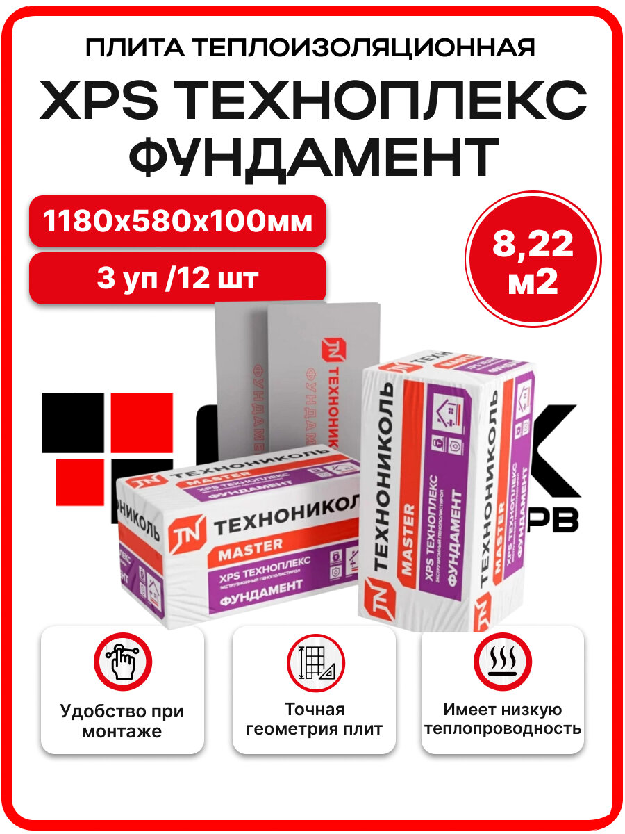 Технониколь XPS Техноплекс Фундамент 100 мм (3уп/ 8,22 м2 / 12 плит) утеплитель из пенополистирола для стен, крыши, пола