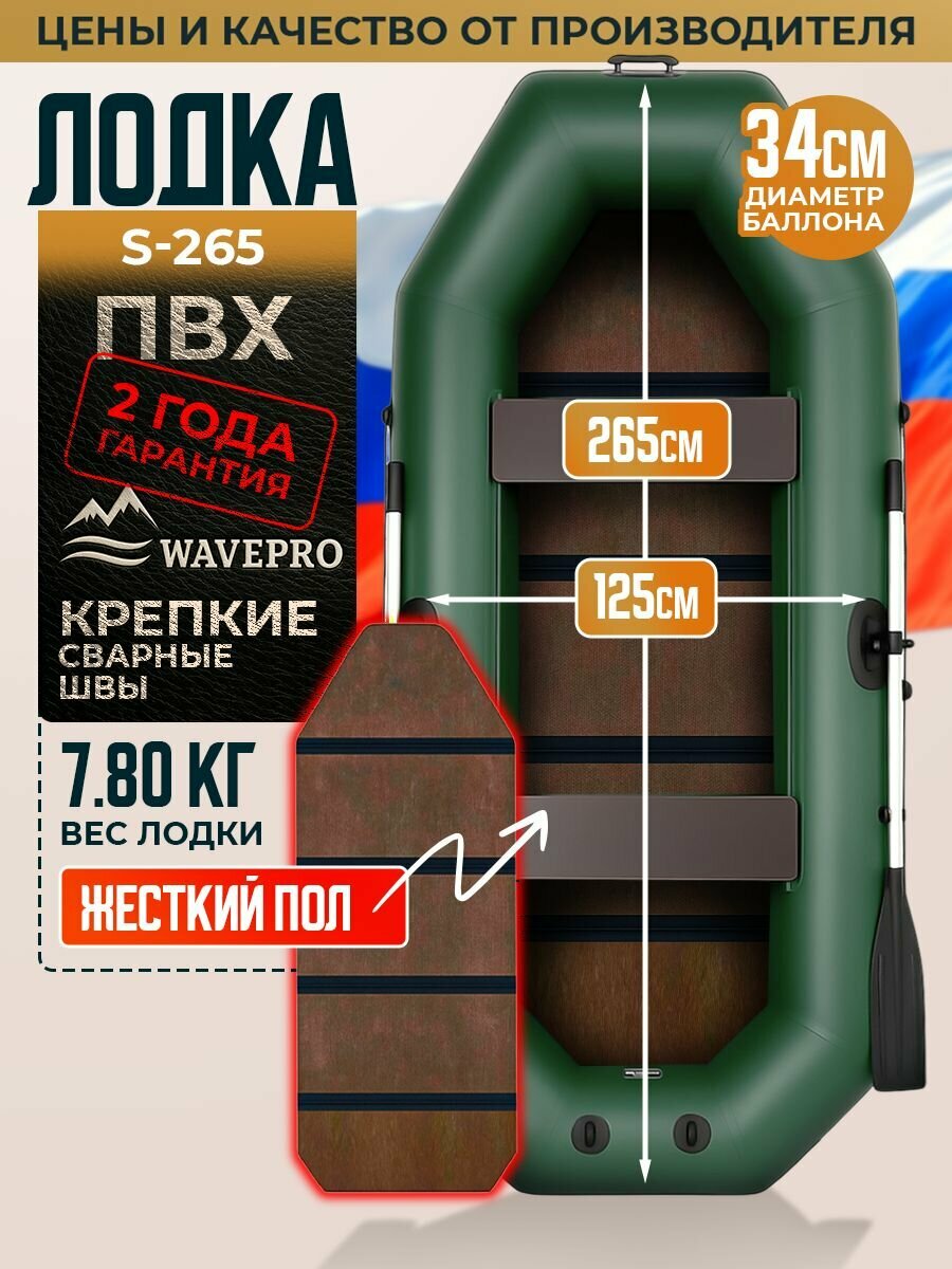 WavePro Лодка надувная ПВХ для рыбалки + сплошной пол 265 см, зеленый