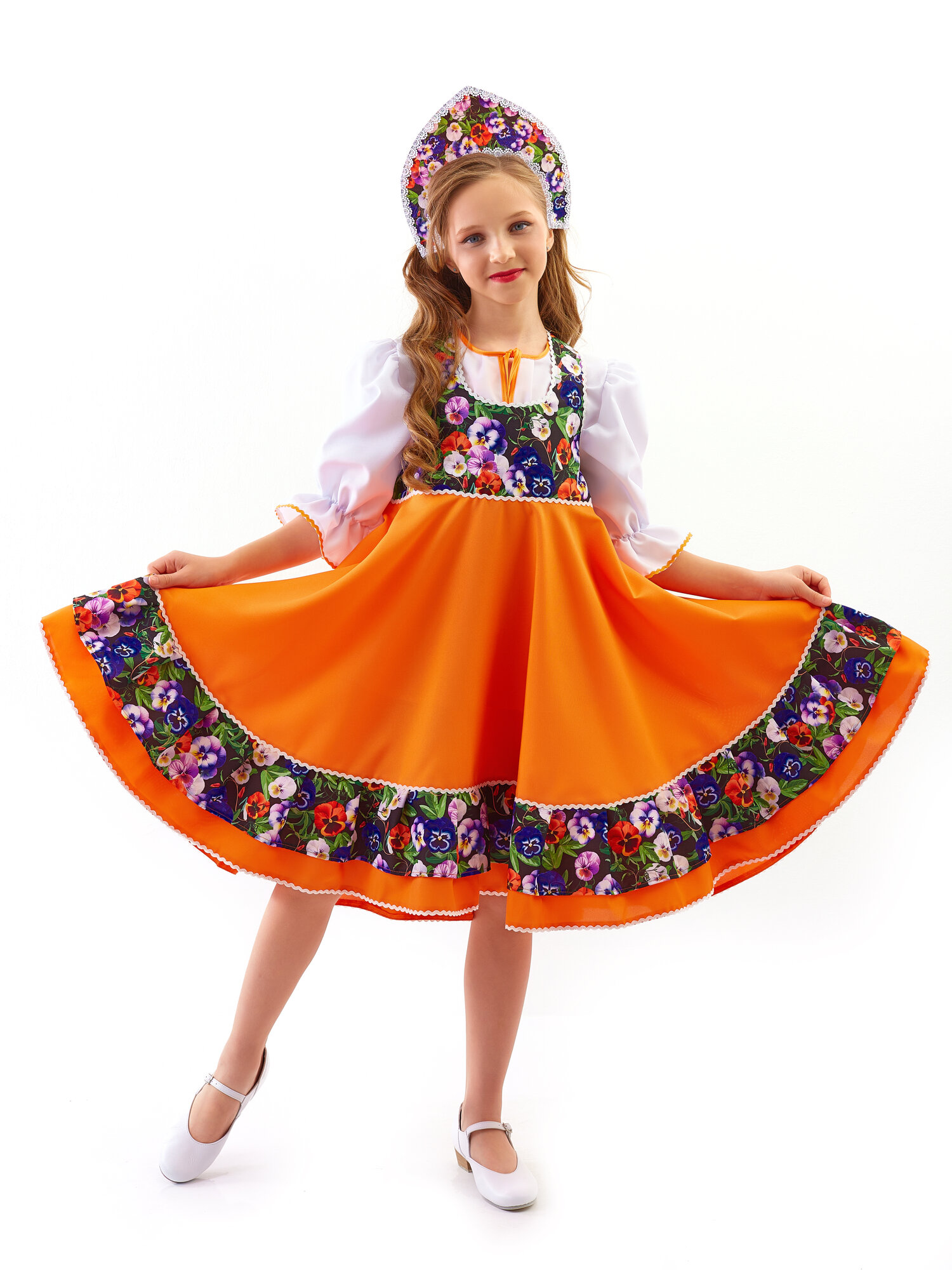 Костюм русский народный сарафан плясовой Анютка оранжевый детский, 146-152