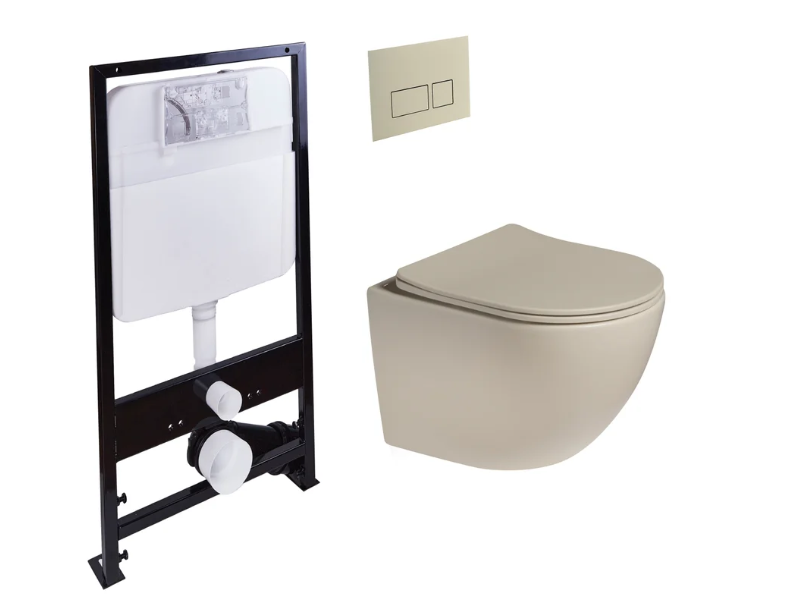 Унитаз подвесной с инсталляцией SantiLine SL-5005T-BG+SL-01/BG бежевый матовый/кнопка бежевая матовая, безободковый, с крышкой микролифт, слив торнадо