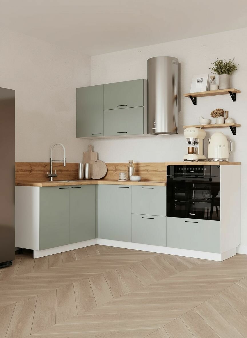 ARNIKA Кухонный гарнитур со столешницей "Дакия" угловой 1,5м*2,1м (без пм) цвет олива (зеленый), фасад Эмаль