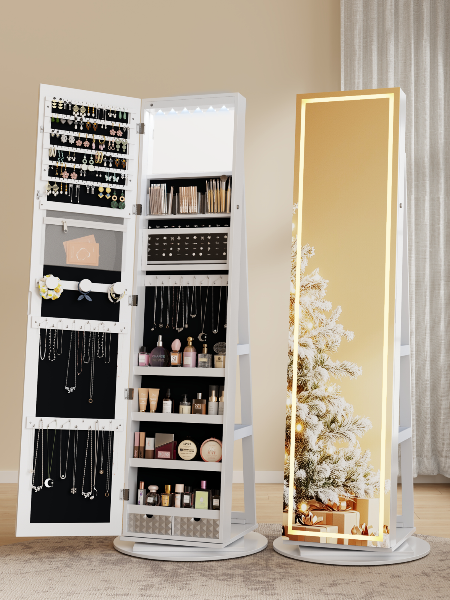 Зеркало шкаф напольное с сенсорной LED, безрамное, Поворотное и хранением, МДФ, 162x54.5x54.5см, белый