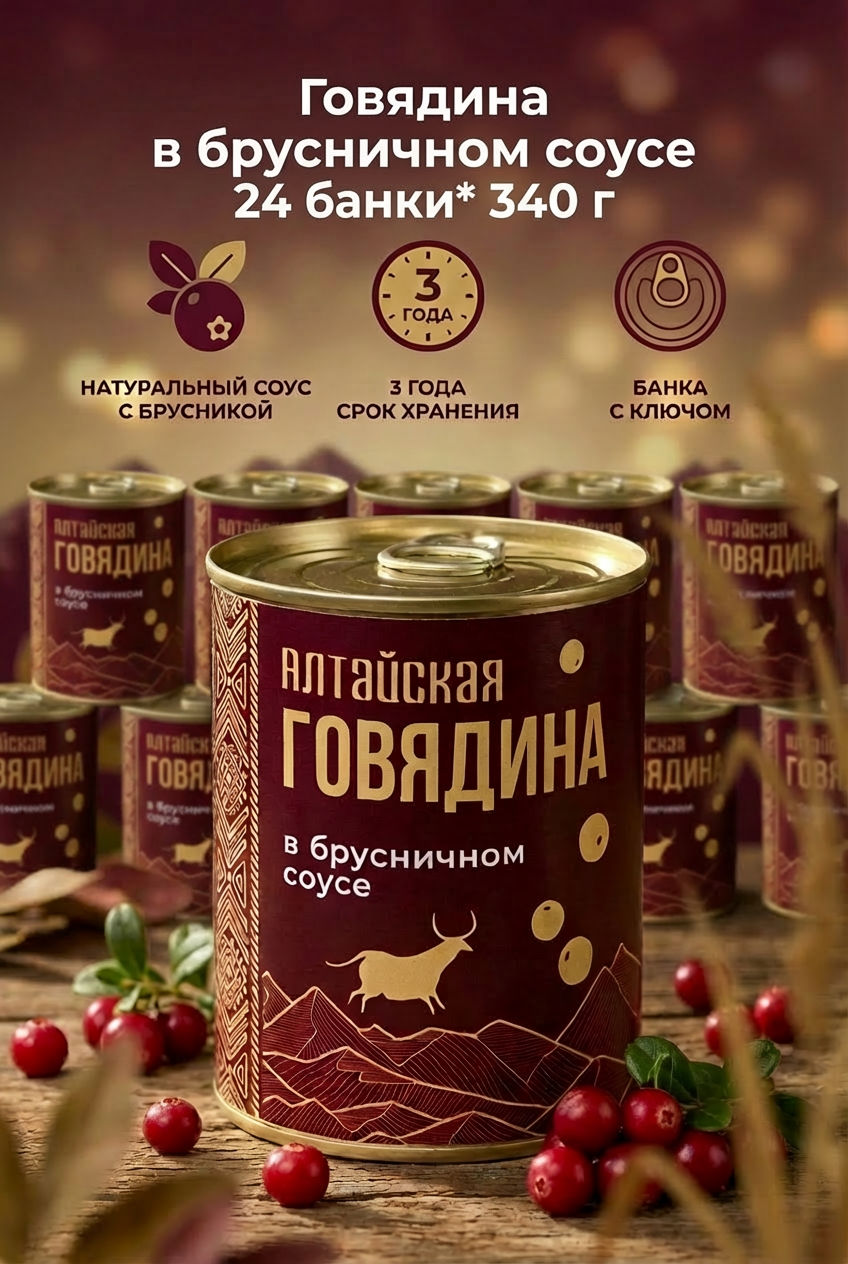 Тушенка Говядина в брусничном соусе Алтайская 24 шт*340 г